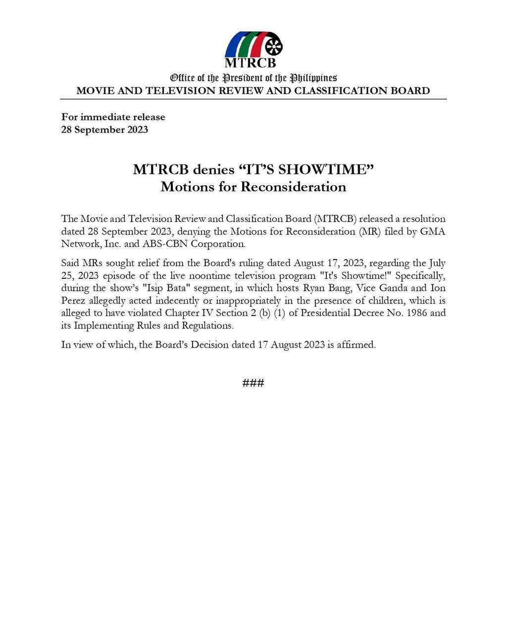 MTRCB denies ‘It's Showtime’s’ motion for reconsideration