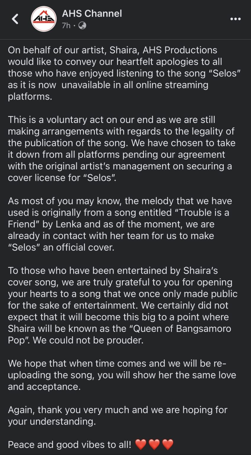 Shaira Moro's ‘Selos’ converted to ‘cover’ amid Lenka's legal action