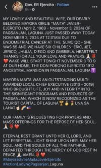 Actress-politician Maita Sanchez, wife of ER Ejercito, dies at 55