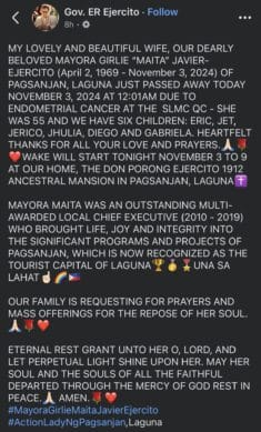 Actress-politician Maita Sanchez, wife of ER Ejercito, dies at 55