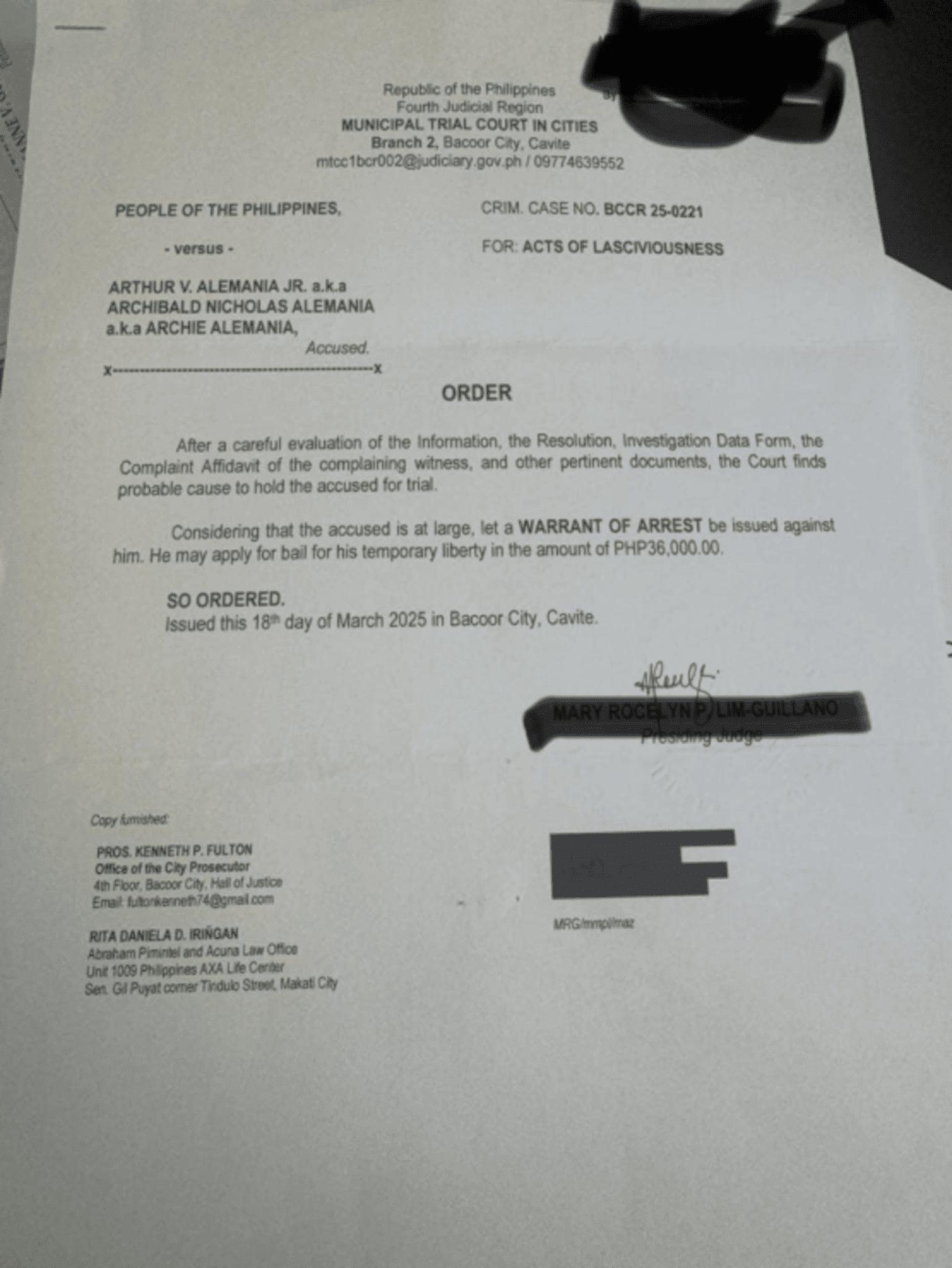 Bacoor court orders arrest of Archie Alemania