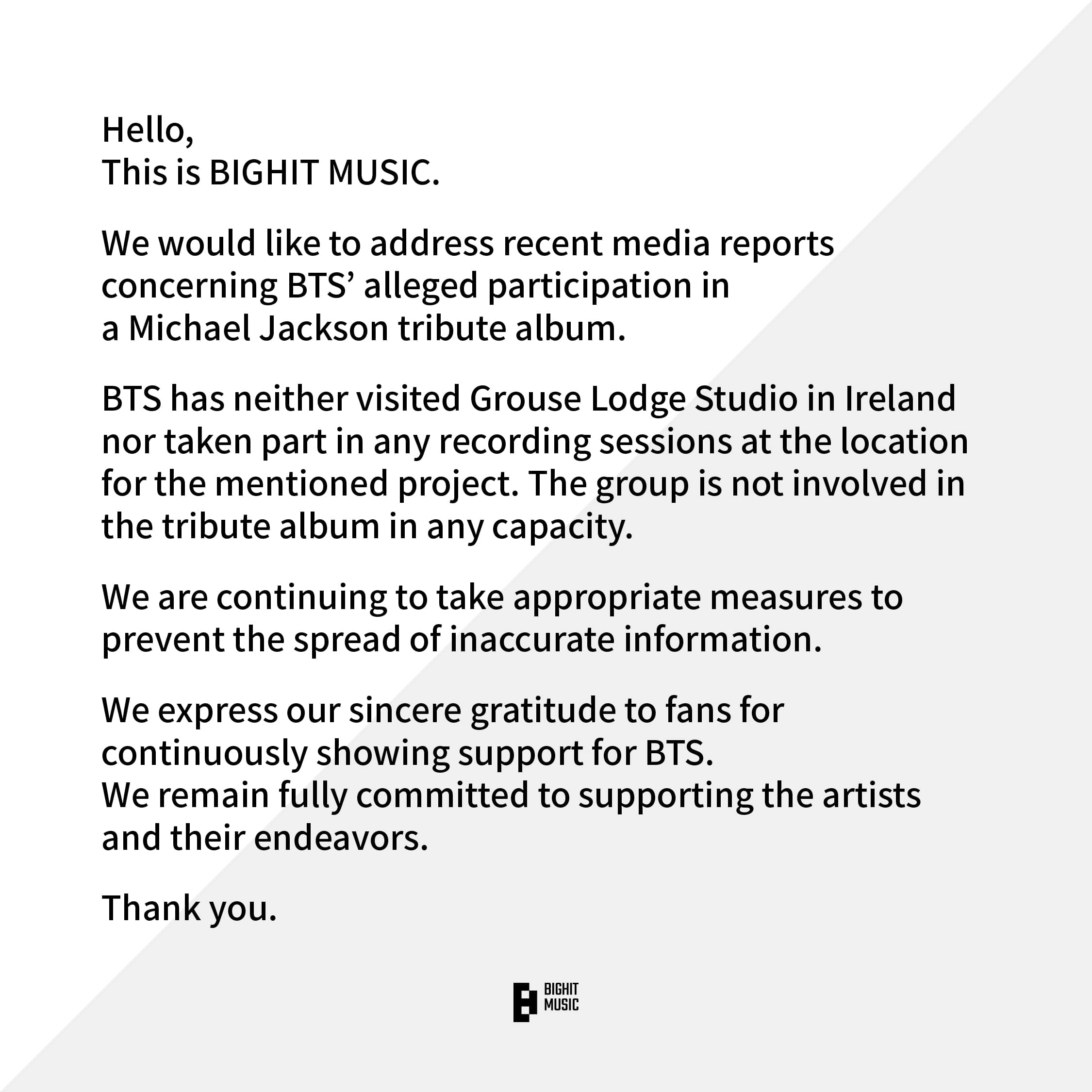 BTS denies involvement in tribute album for Michael Jackson