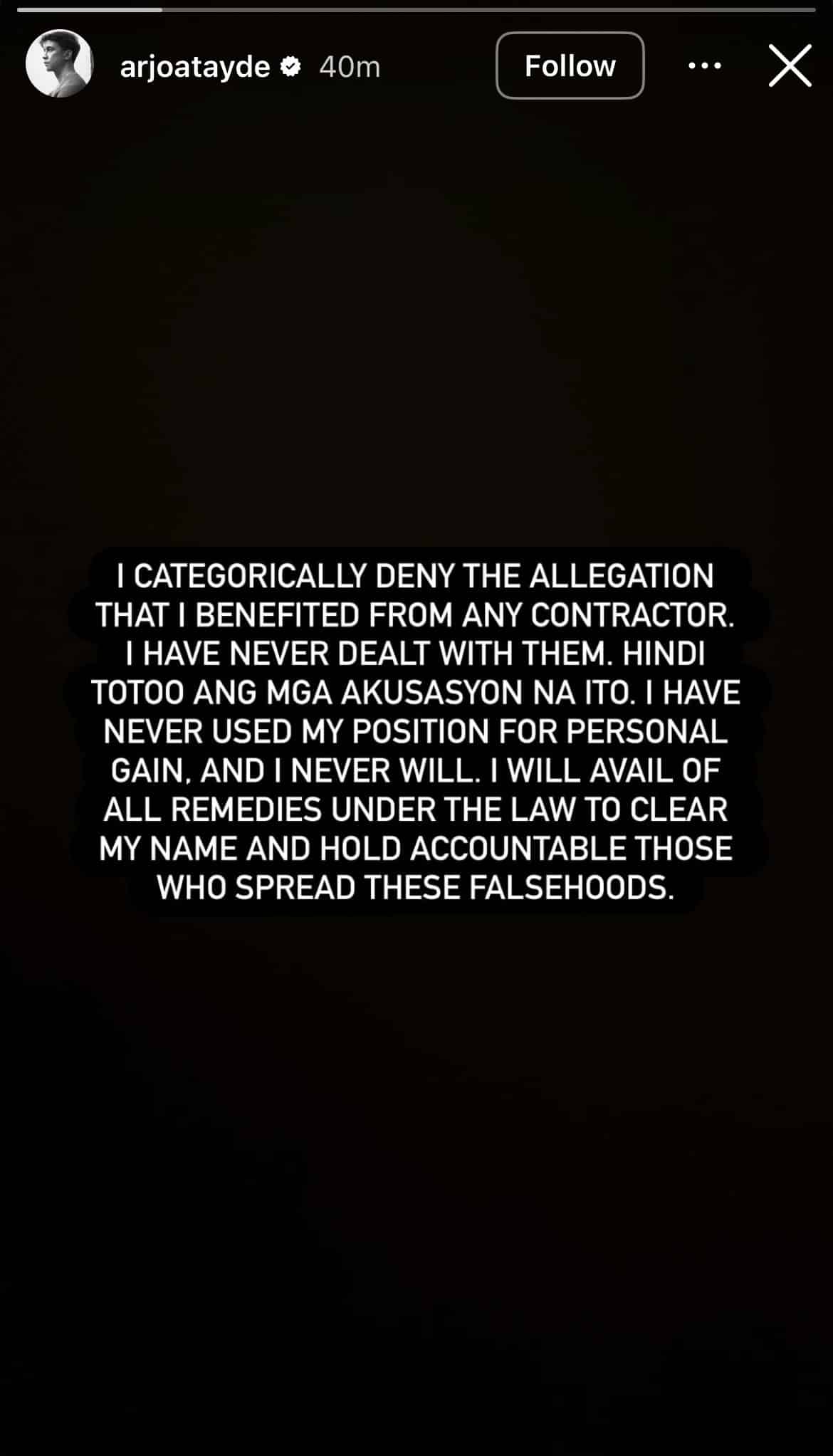 Arjo Atayde denies ‘benefiting from contractor’ after Discaya’s claim